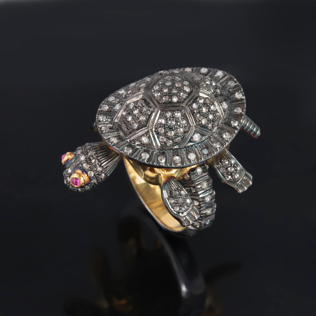 Diamond Pave 925 Sterling Silver Tortoise Design Ring With Ruby Eye ...
